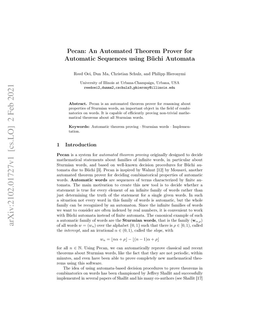 Pecan An Automated Theorem Prover For Automatic Sequences Using Büchi Automata Deepai 5821