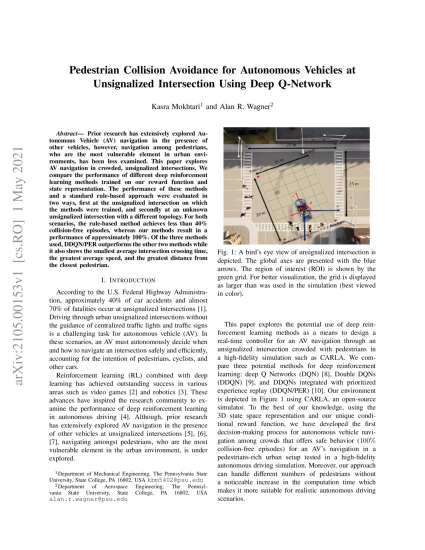 Pedestrian Collision Avoidance for Autonomous Vehicles at Unsignalized Intersection Using Deep Q ...