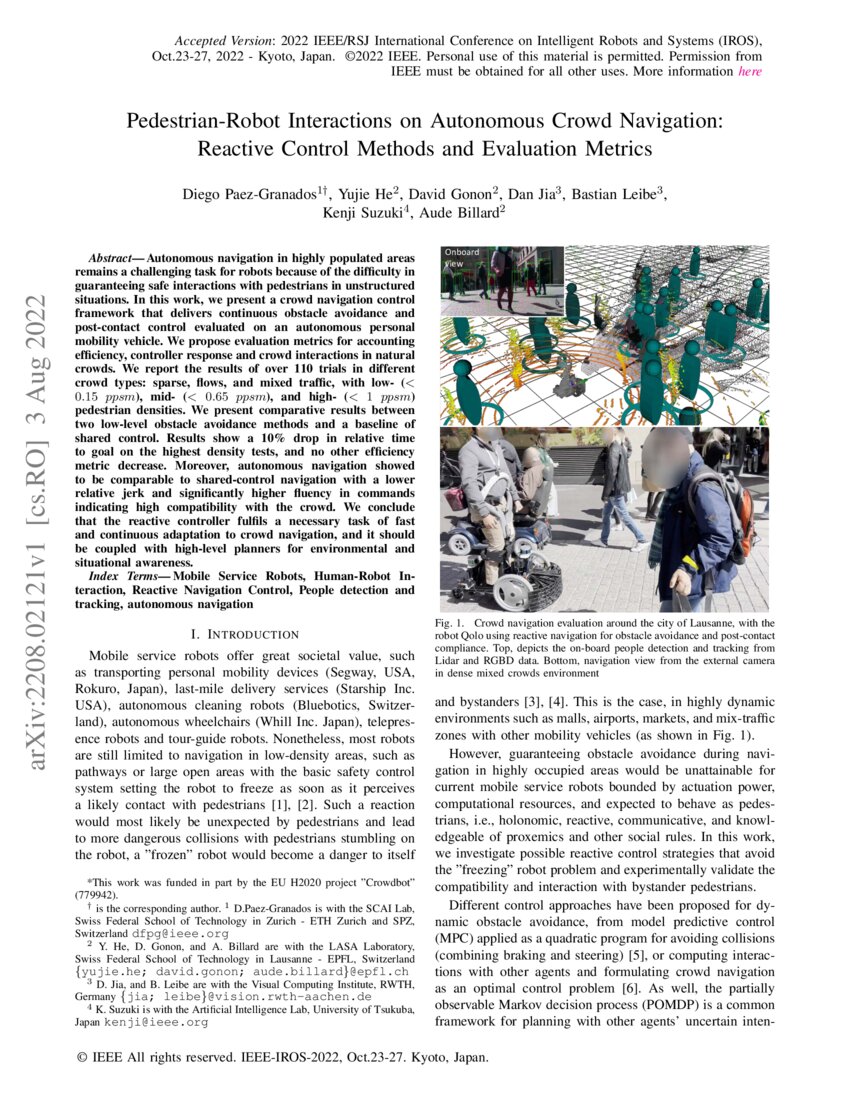 Pedestrian Robot Interactions On Autonomous Crowd Navigation Reactive Control Methods And