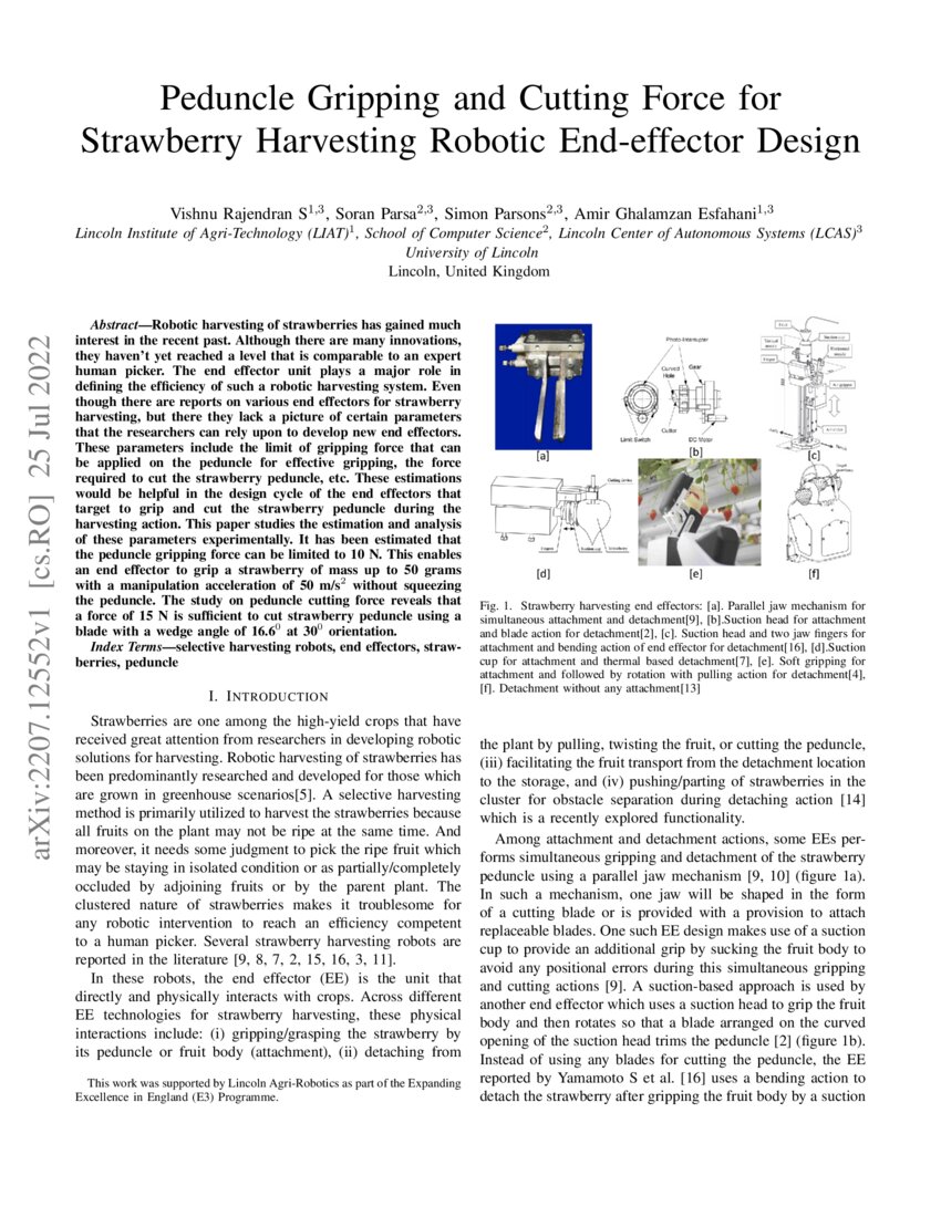 Peduncle Gripping and Cutting Force for Strawberry Harvesting Robotic ...