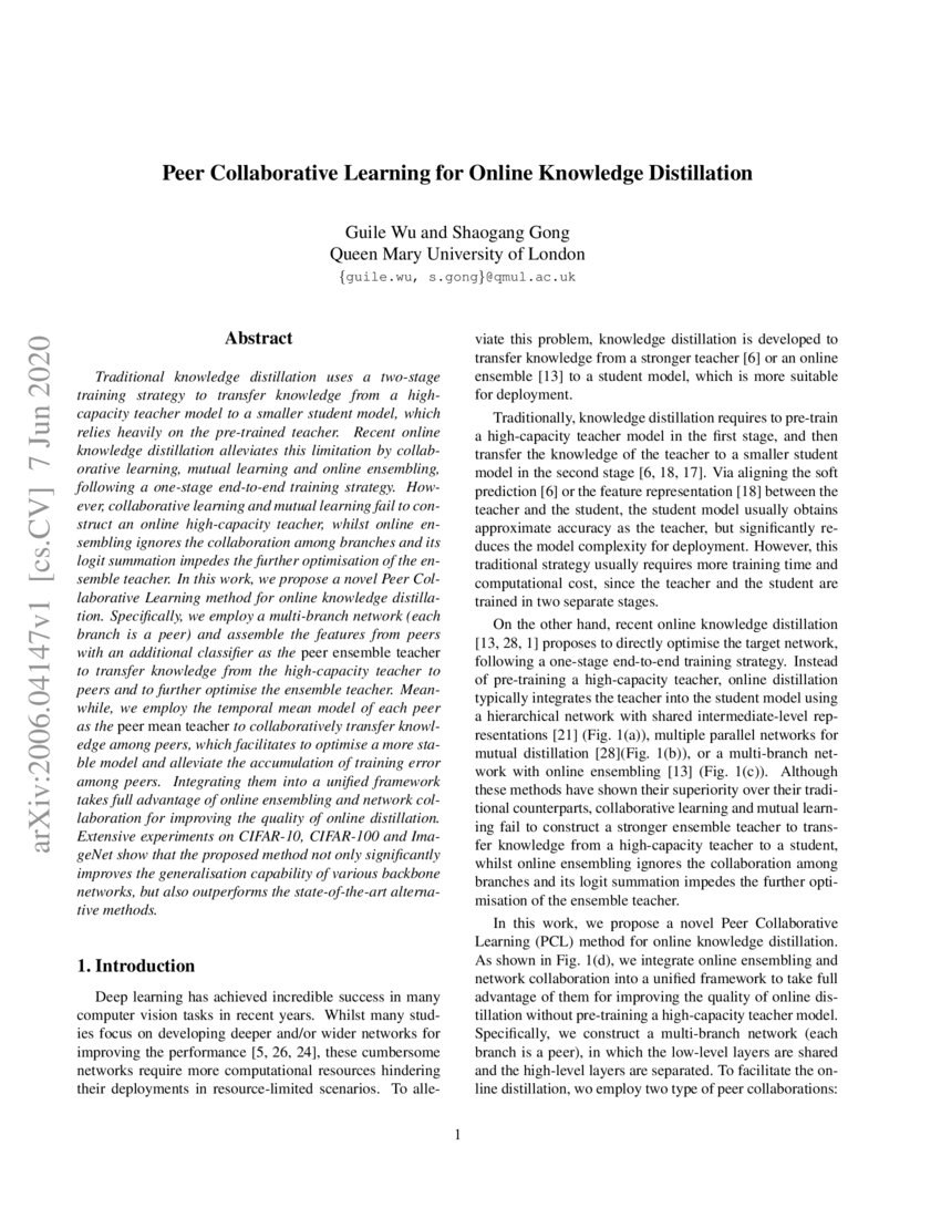 Peer Collaborative Learning for Online Knowledge Distillation | DeepAI