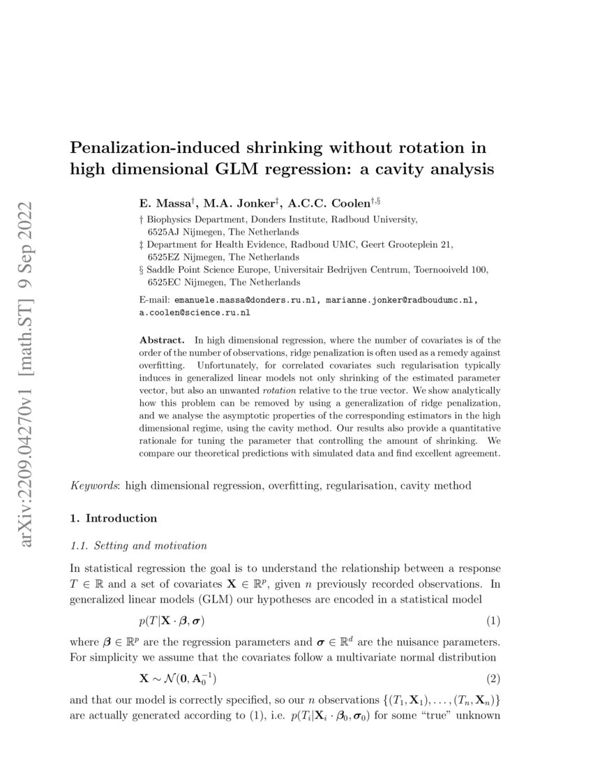 Penalization-induced shrinking without rotation in high dimensional GLM regression: a cavity ...