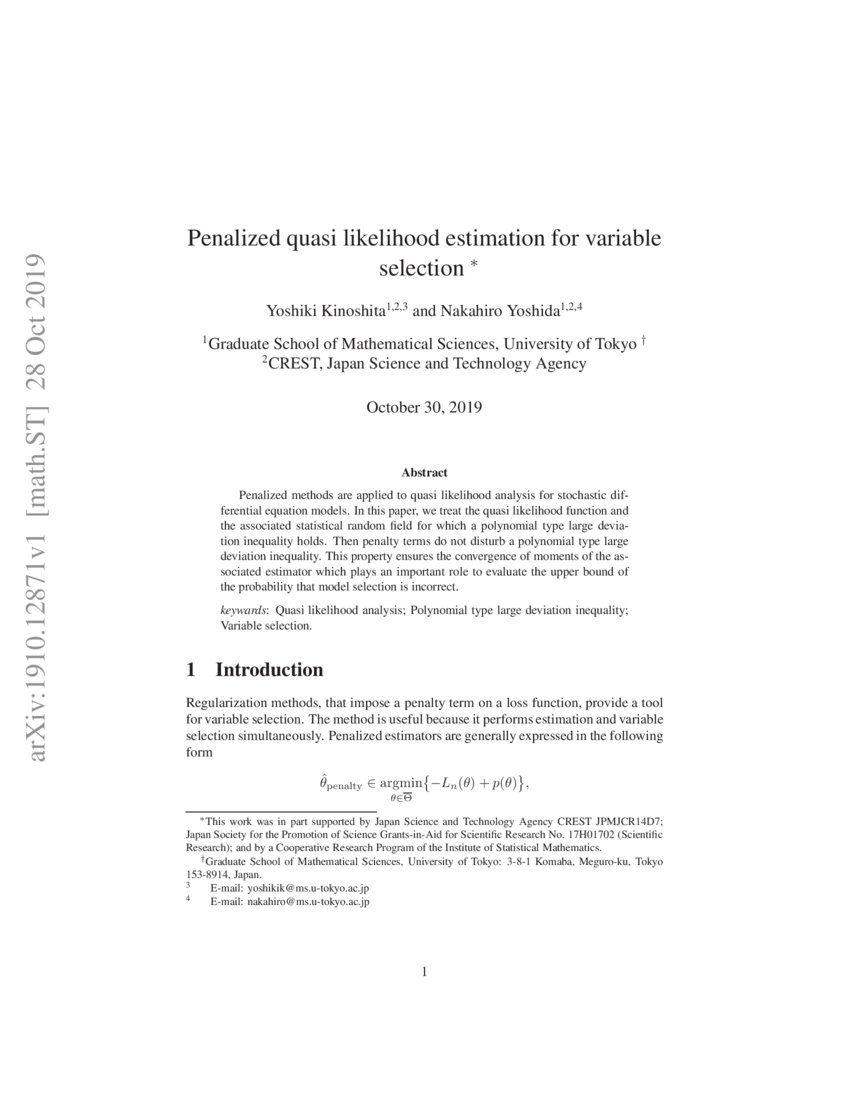 Penalized Quasi Likelihood Estimation For Variable Selection Deepai