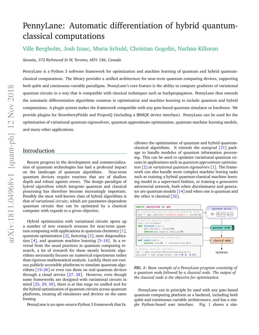 PennyLane: Automatic differentiation of hybrid quantum-classical computations | DeepAI
