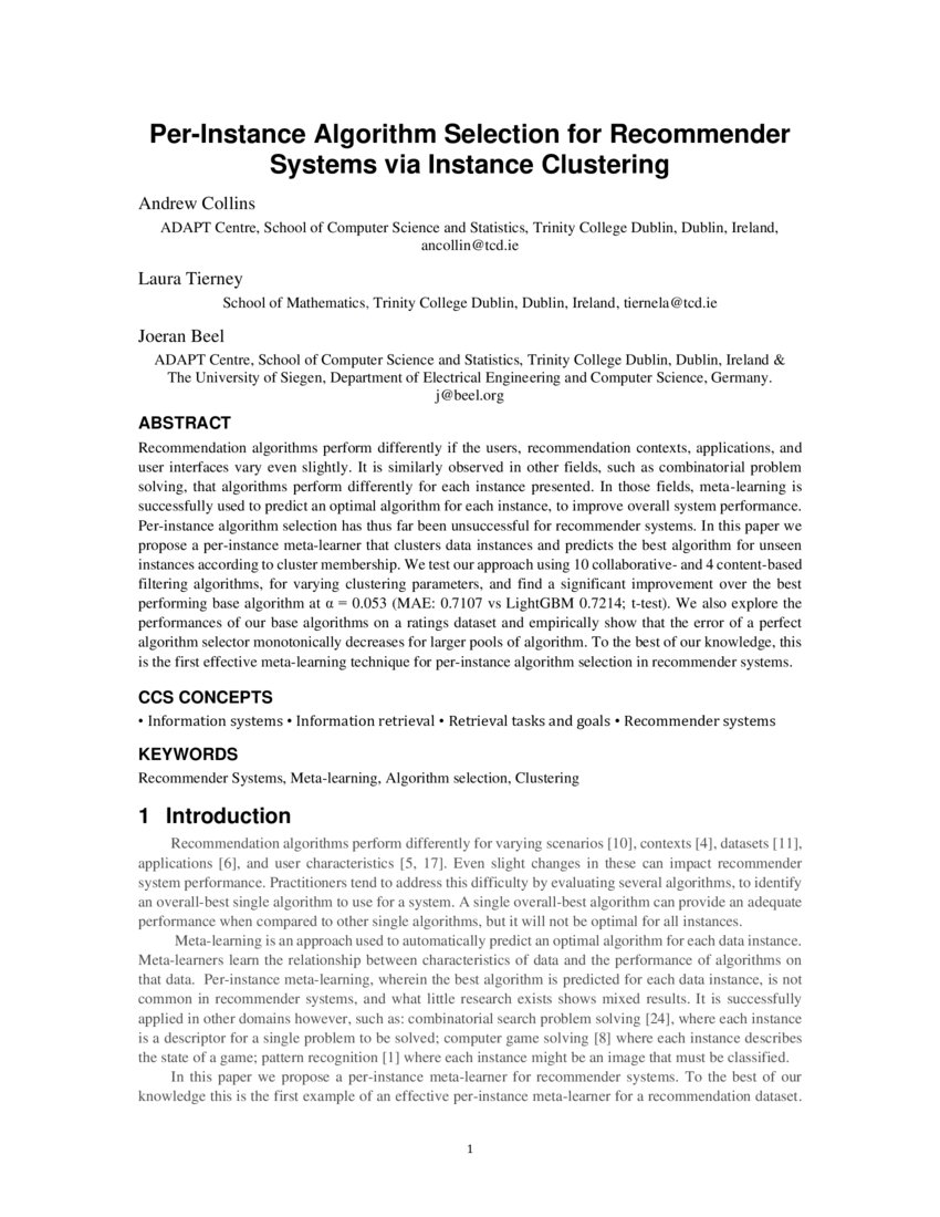 Per Instance Algorithm Selection For Recommender Systems Via Instance Clustering Deepai 