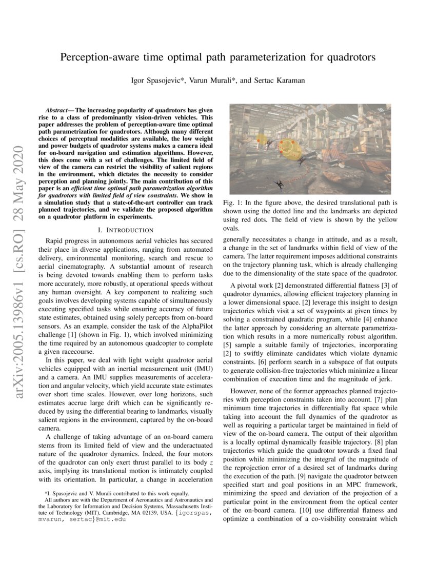 Perception Aware Time Optimal Path Parameterization For Quadrotors Deepai