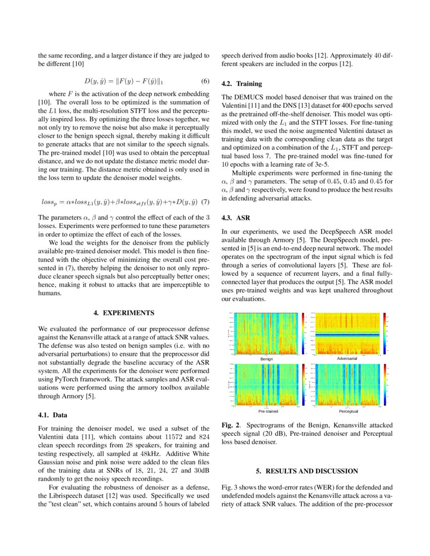 Perceptual-based deep-learning denoiser as a defense against adversarial attacks on ASR systems ...