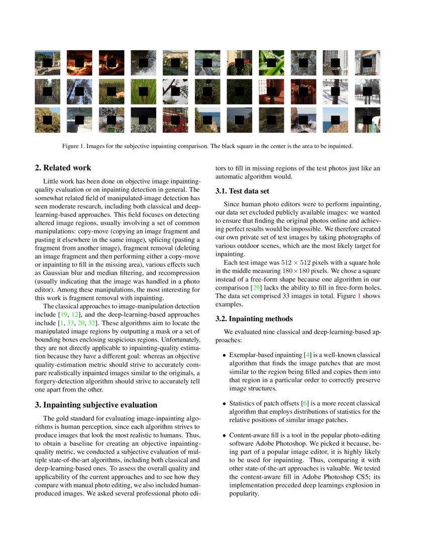 Perceptually Motivated Method for Image Inpainting Comparison | DeepAI Perceptually Motivated Method for Image Inpainting Comparison | DeepAI