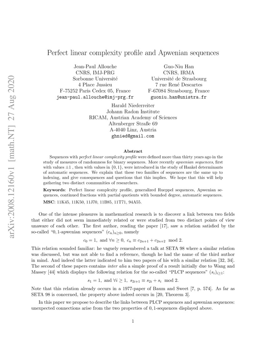 Perfect Linear Complexity Profile And Apwenian Sequences Deepai