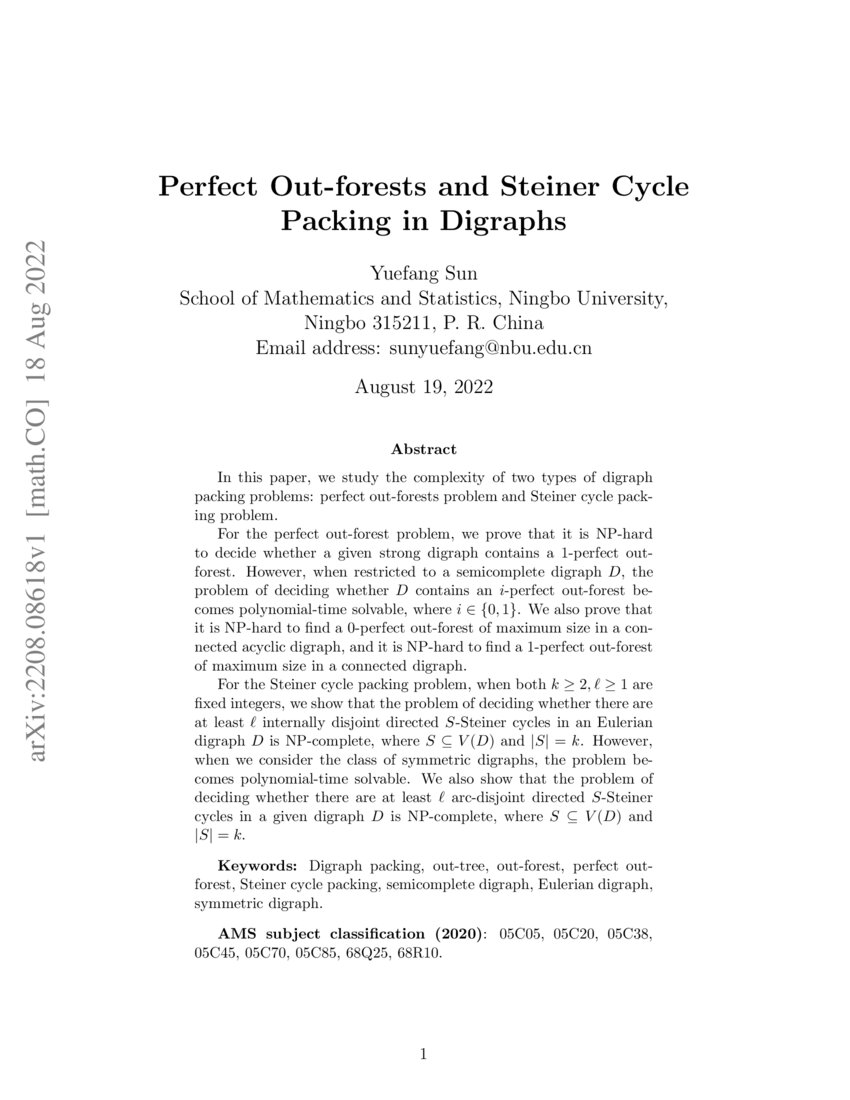 Perfect Out Forests And Steiner Cycle Packing In Digraphs Deepai