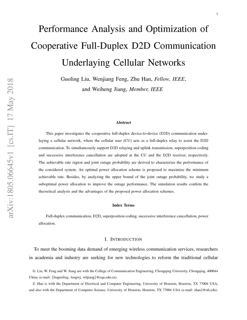 Performance Analysis and Optimization of Cooperative Full-Duplex D2D Communication Underlaying ...
