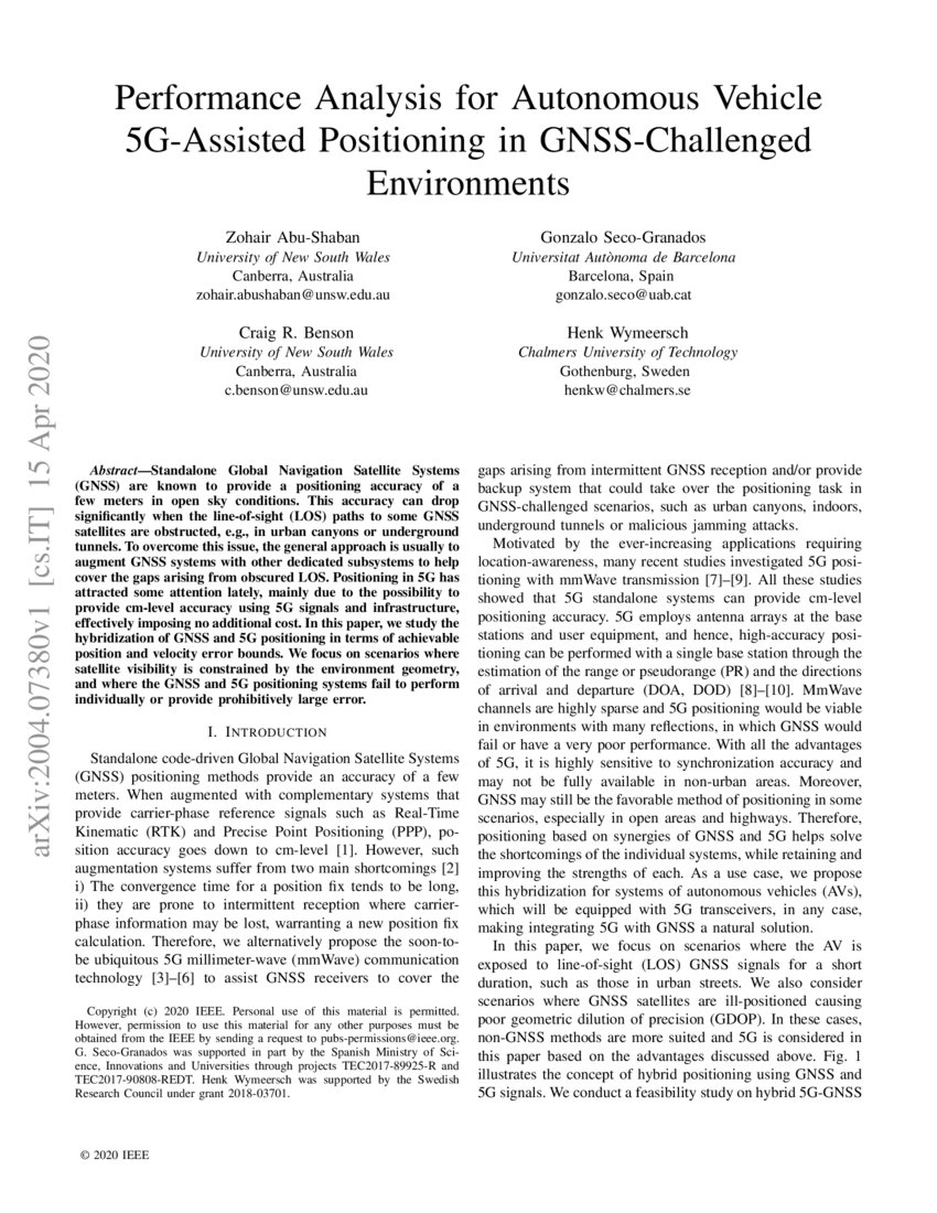 Performance Analysis for Autonomous Vehicle 5G-Assisted Positioning in GNSS-Challenged ...