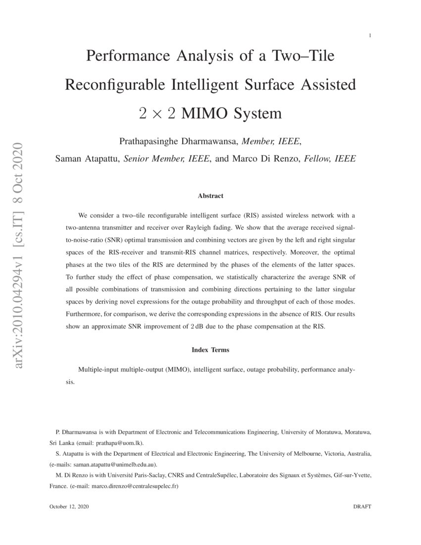 Performance Analysis Of A Two Tile Reconfigurable Intelligent Surface Assisted 2× 2 Mimo System