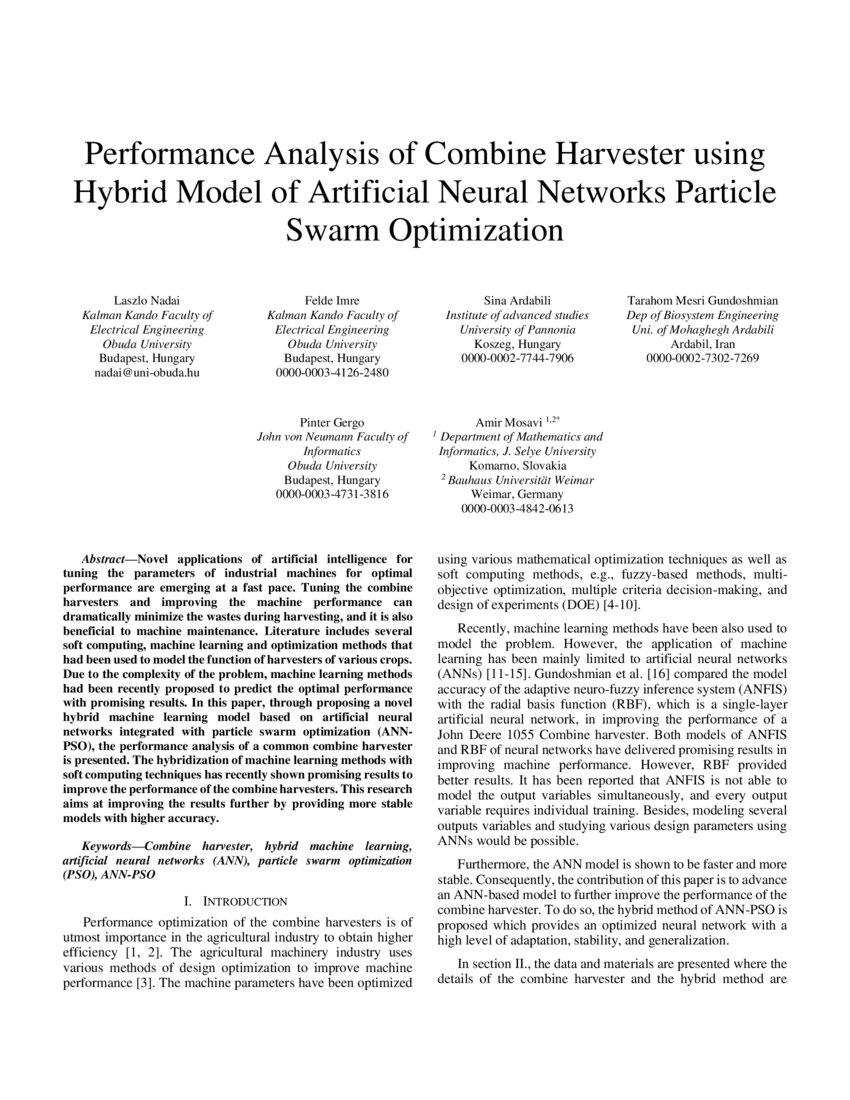 Performance Analysis Of Combine Harvester Using Hybrid Model Of Artificial Neural Networks