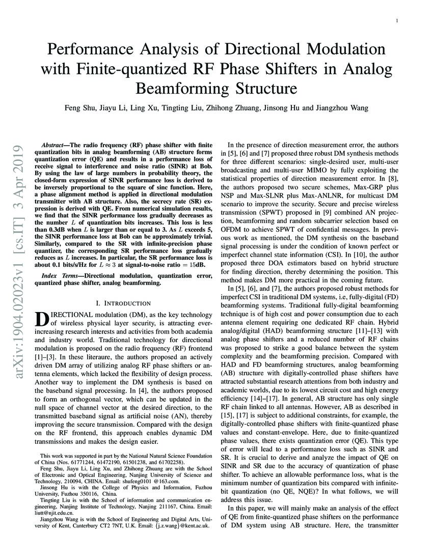 Performance Analysis Of Directional Modulation With Finite Quantized Rf Phase Shifters In Analog