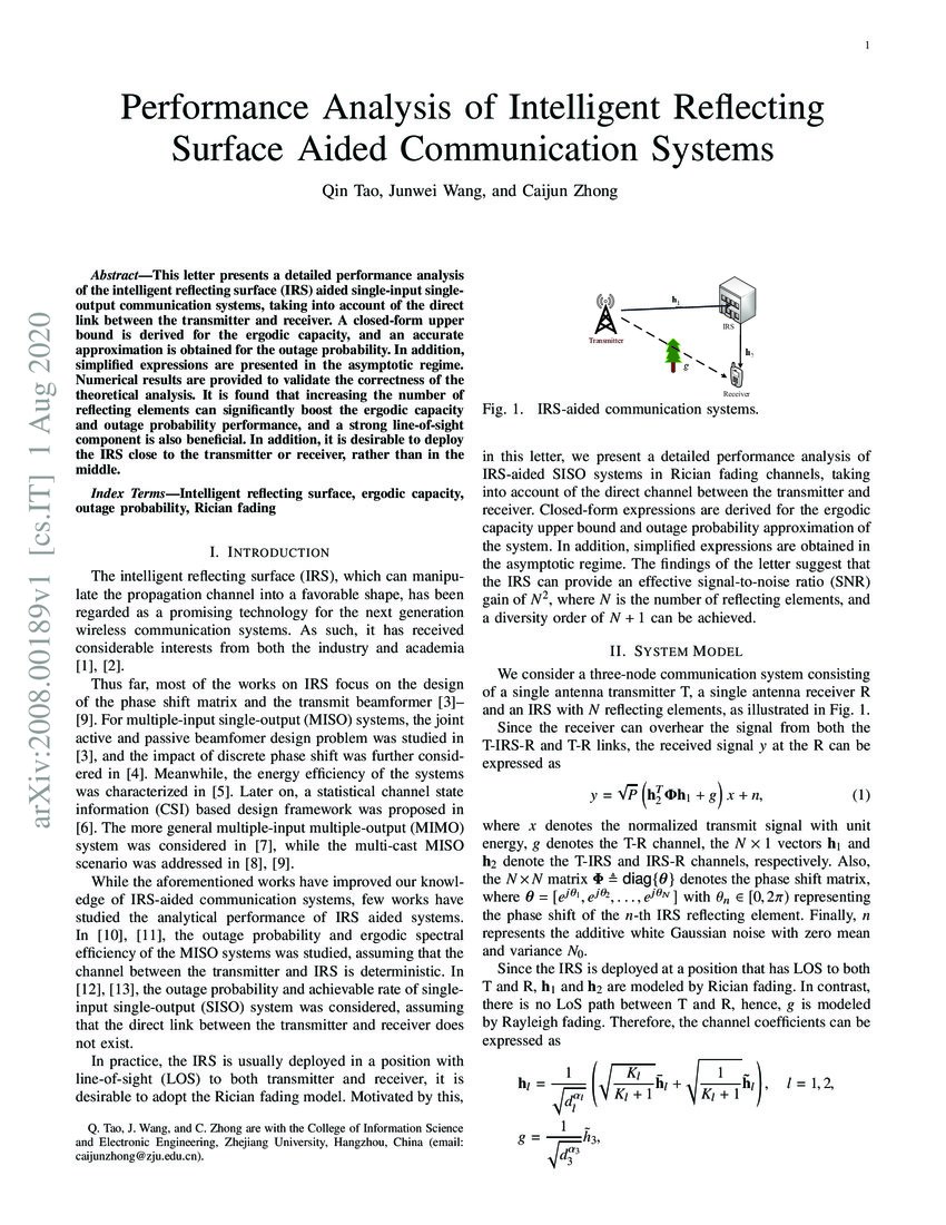 Performance Analysis Of Intelligent Reflecting Surface Aided Communication Systems Deepai