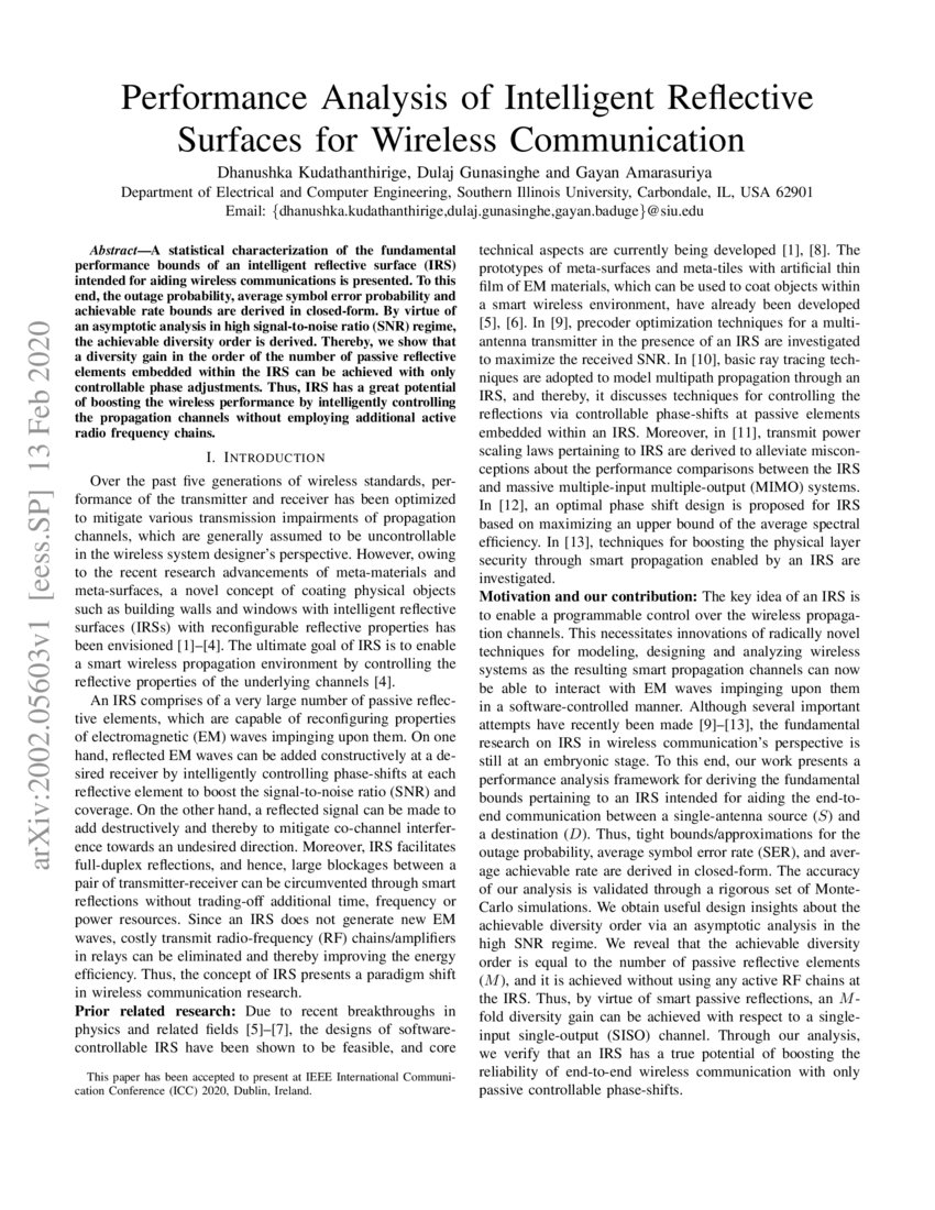 Performance Analysis Of Intelligent Reflective Surfaces For Wireless