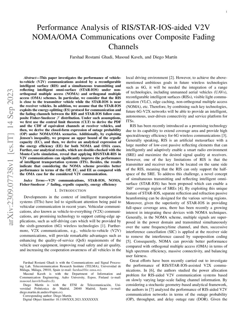 Performance Analysis of RIS/STAR-IOS-aided V2V NOMA/OMA Communications over Composite Fading ...