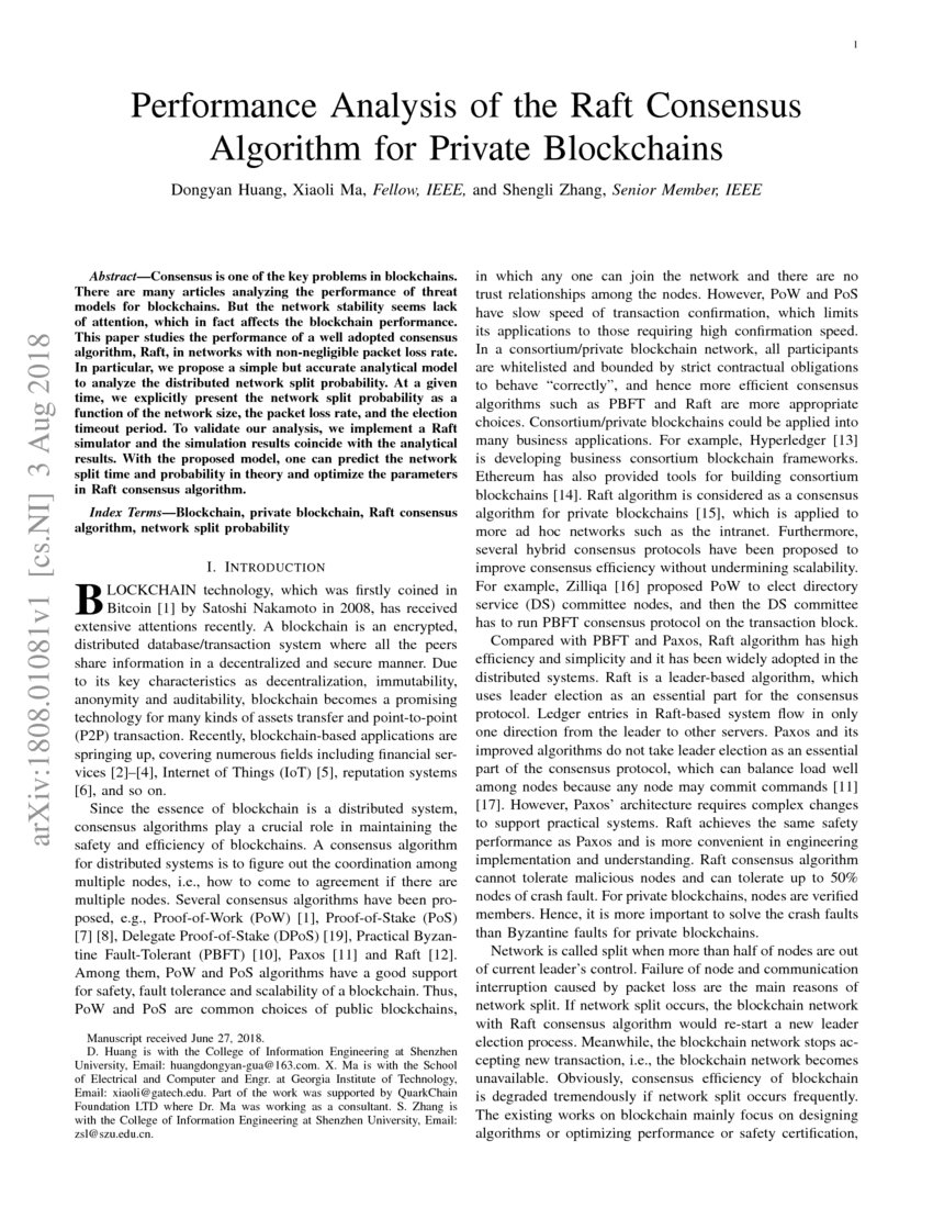 Performance Analysis of the Raft Consensus Algorithm for Private Blockchains | DeepAI