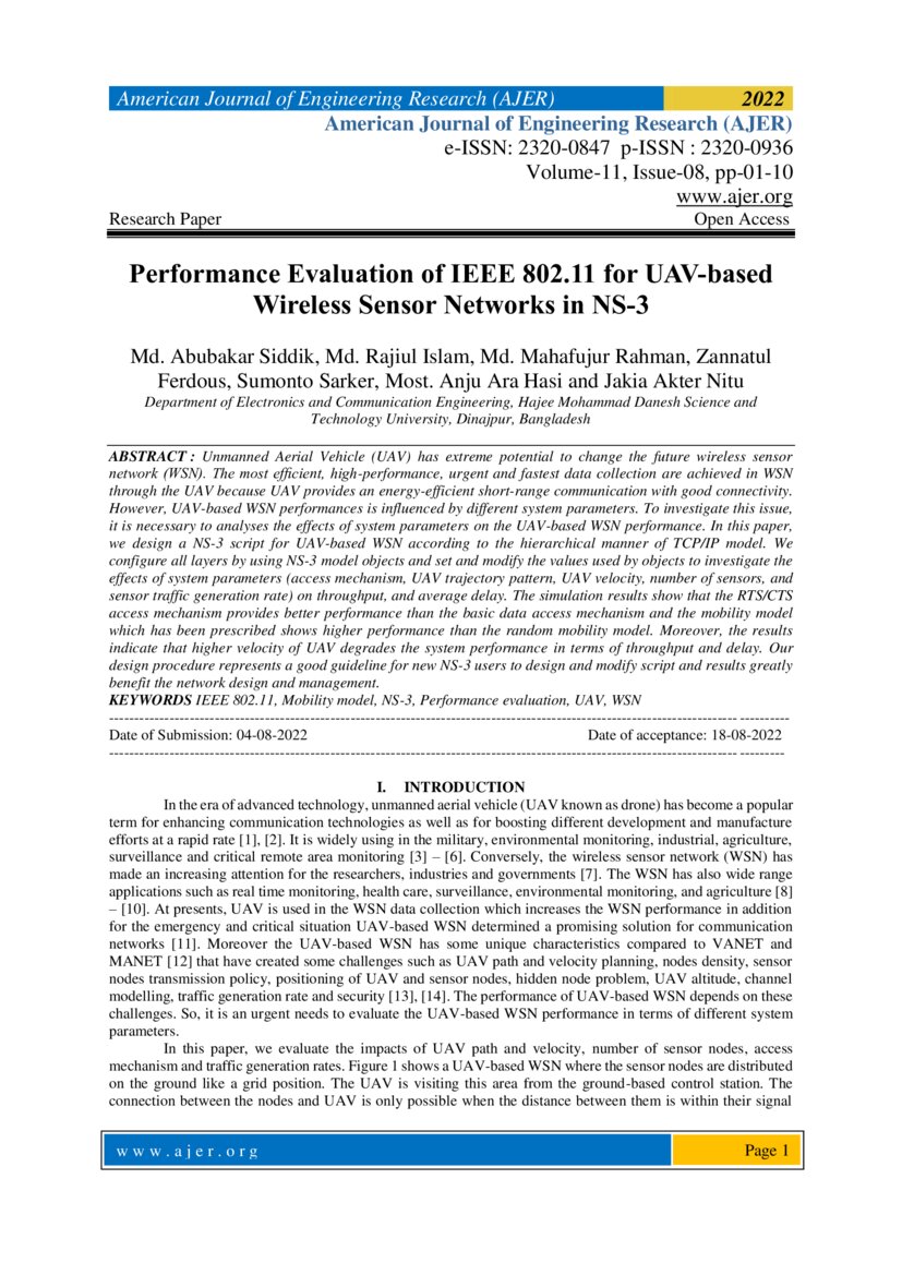 Performance Evaluation Of Ieee 802 11 For Uav Based Wireless Sensor