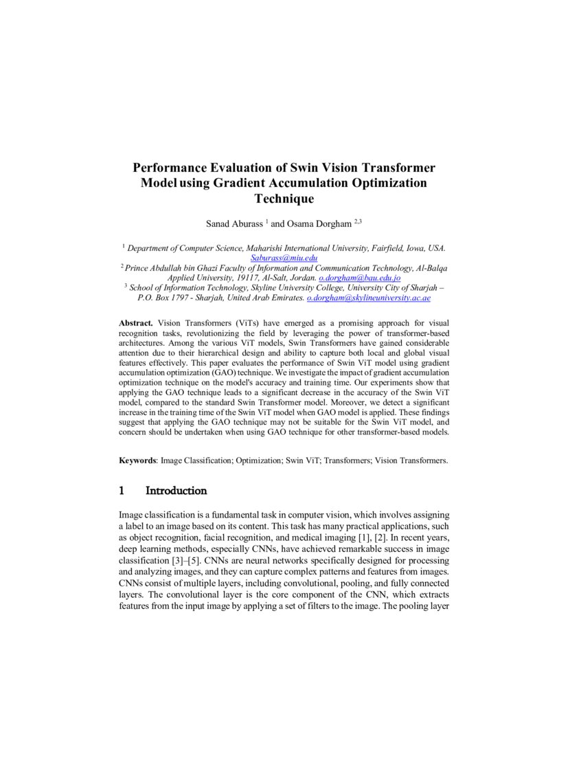 Performance Evaluation of Swin Vision Transformer Model using Gradient Accumulation Optimization ...