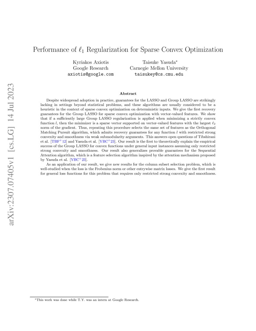 Performance Of ℓ1 Regularization For Sparse Convex Optimization Deepai