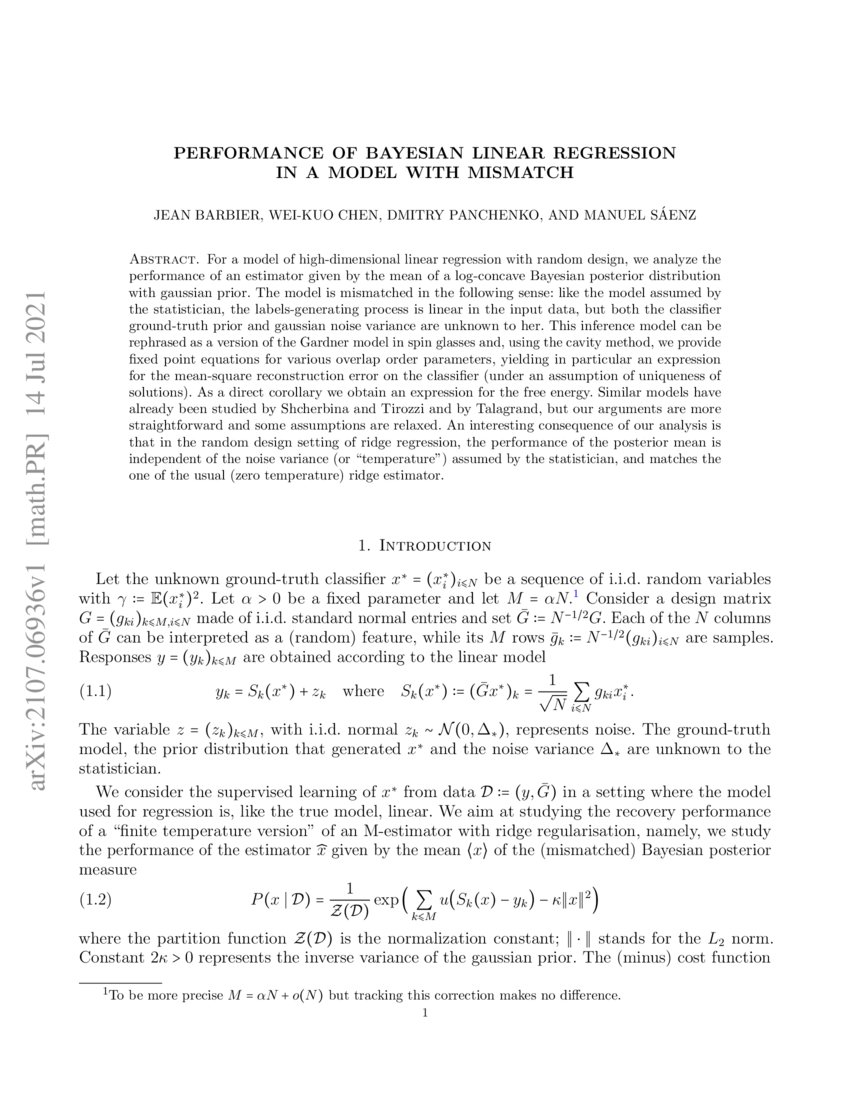 Performance of Bayesian linear regression in a model with mismatch | DeepAI
