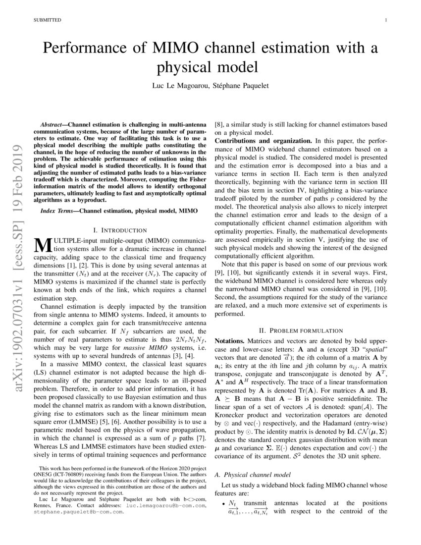 Performance of MIMO channel estimation with a physical model | DeepAI