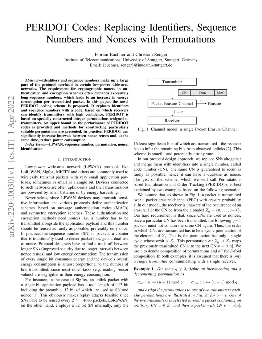 PERIDOT Codes: Replacing Identifiers, Sequence Numbers and Nonces with Permutations | DeepAI
