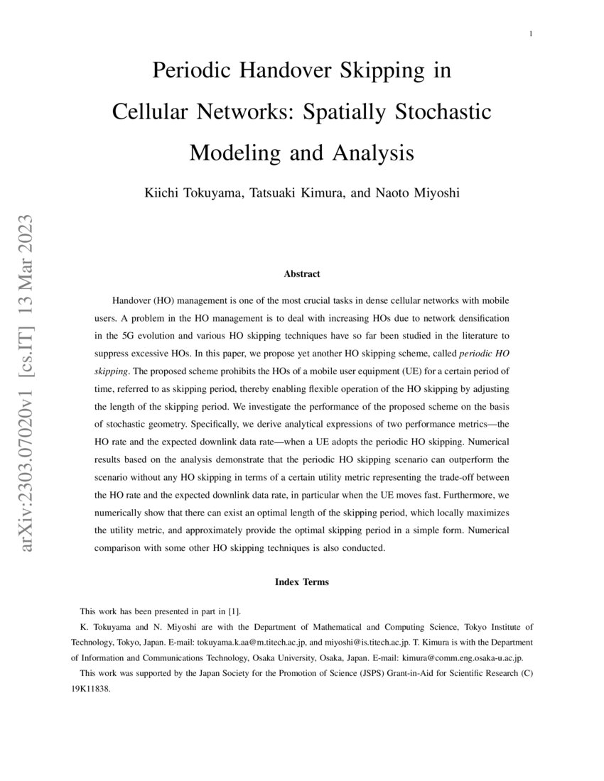 Periodic Handover Skipping In Cellular Networks Spatially Stochastic Modeling And Analysis Deepai