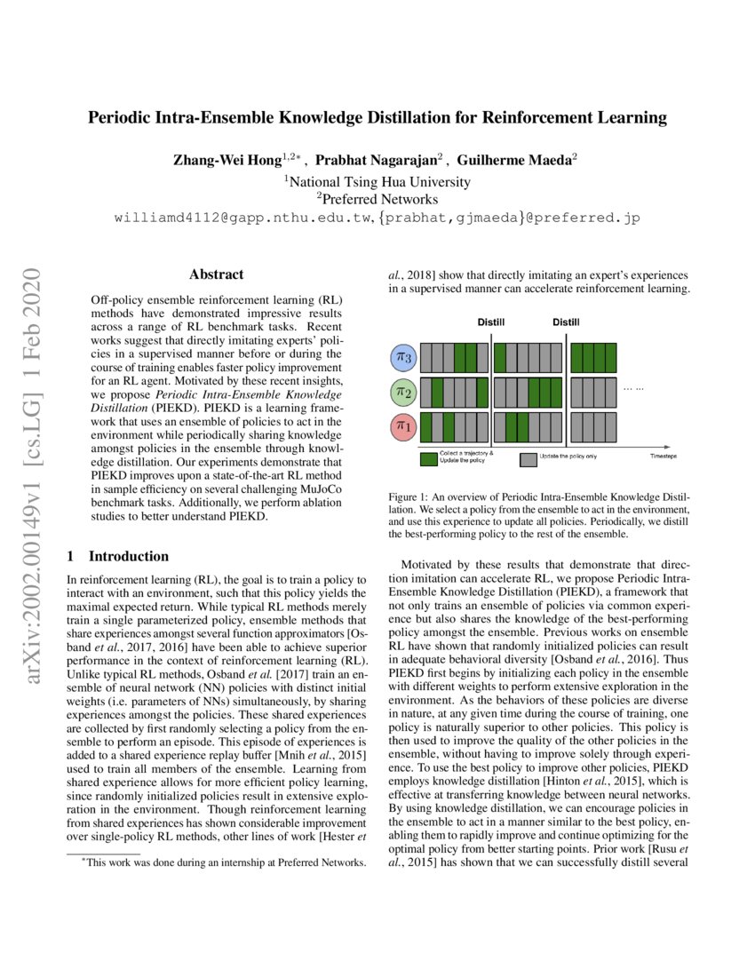 Periodic Intra-Ensemble Knowledge Distillation for Reinforcement Learning | DeepAI