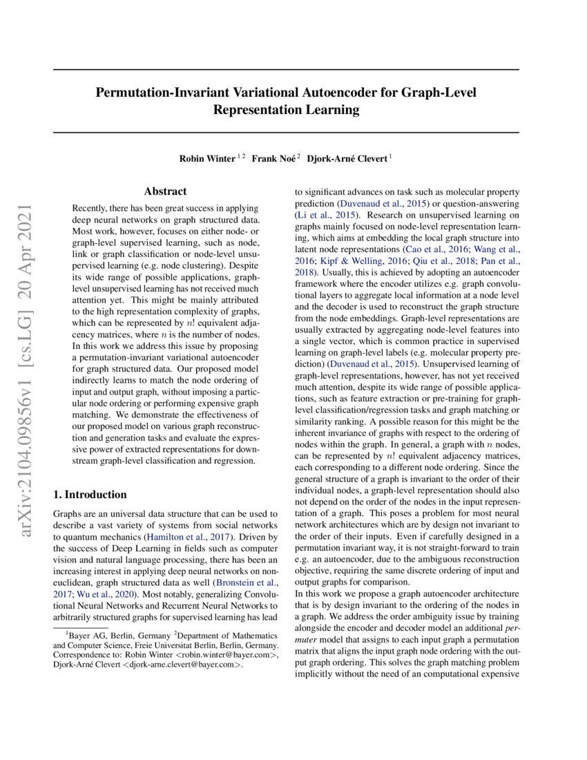 Permutation Invariant Variational Autoencoder For Graph Level Representation Learning Deepai