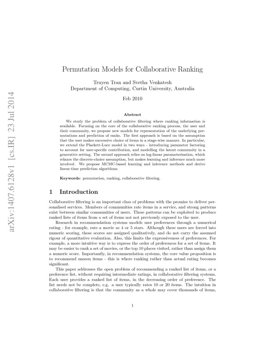 Permutation Models For Collaborative Ranking Deepai