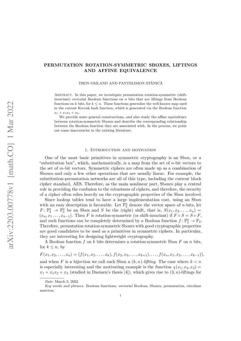 Permutation Rotation Symmetric Sboxes Liftings And Affine Equivalence Deepai