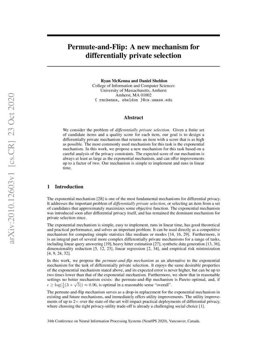 Permute-and-Flip: A new mechanism for differentially private selection | DeepAI