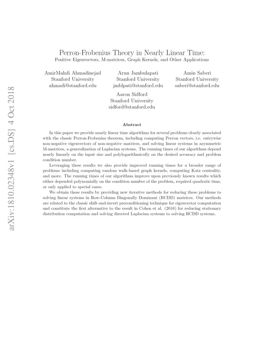 Perron-Frobenius Theory in Nearly Linear Time: Positive Eigenvectors, M ...