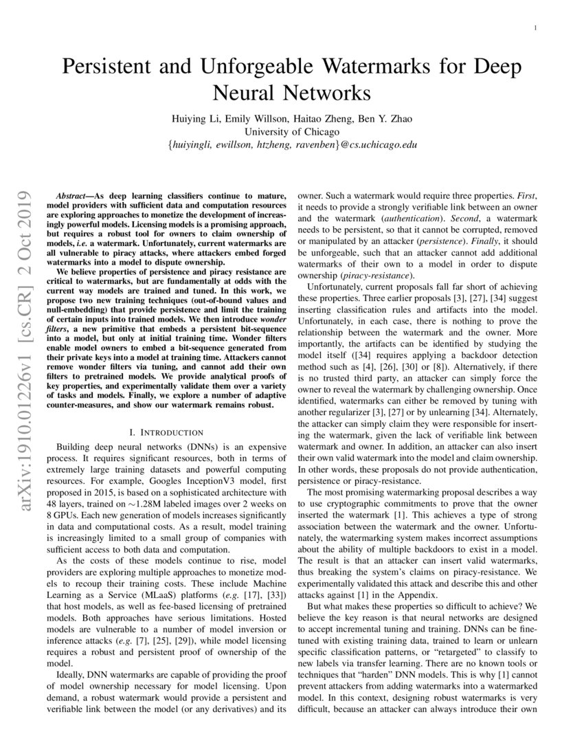 Persistent and Unforgeable Watermarks for Deep Neural Networks | DeepAI