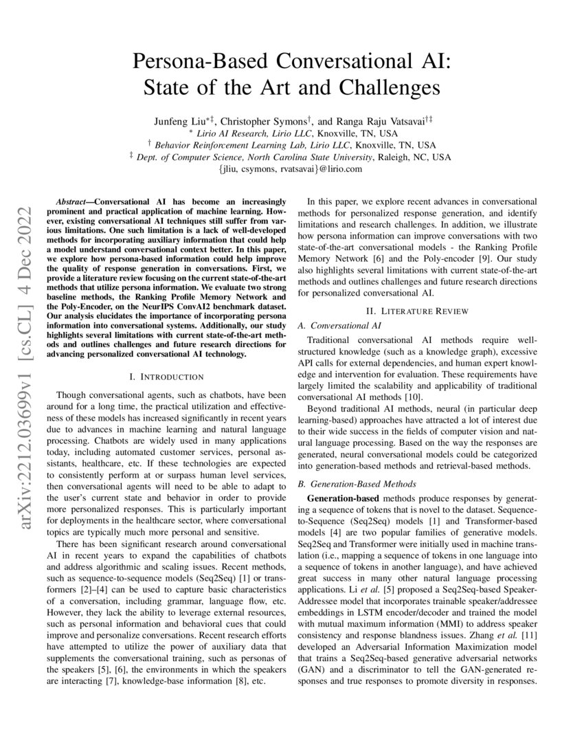 Persona-Based Conversational AI: State of the Art and Challenges | DeepAI
