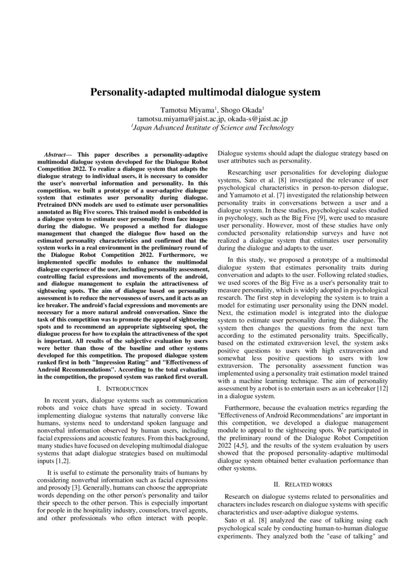 Personality Adapted Multimodal Dialogue System Deepai