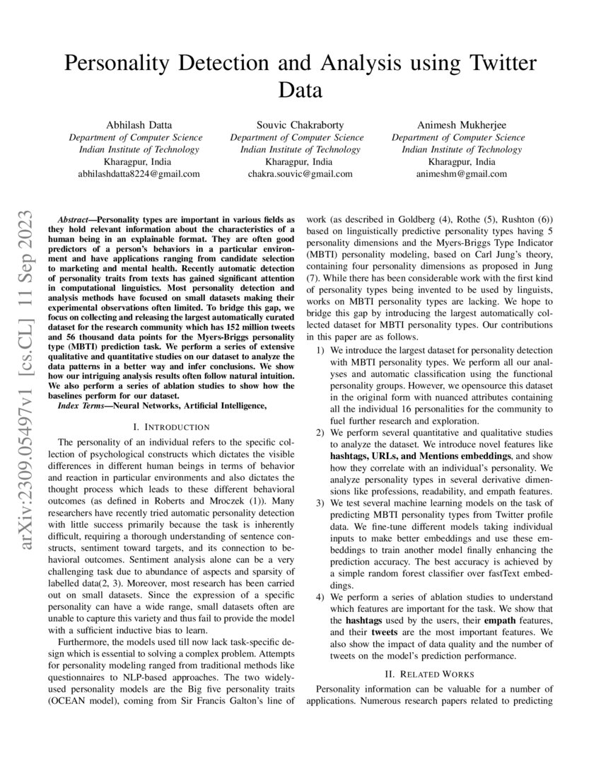 Personality Detection And Analysis Using Twitter Data Deepai
