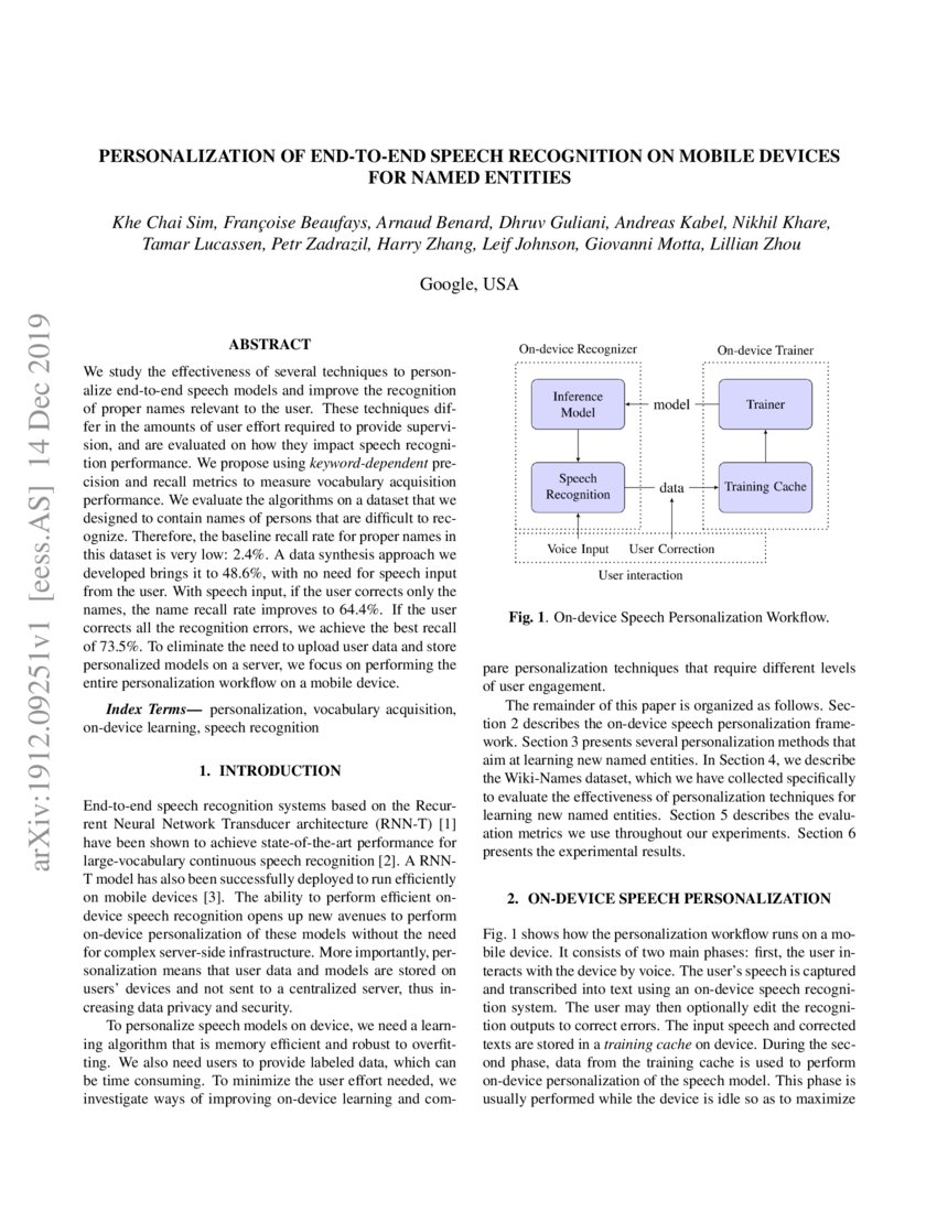 Personalization Of End To End Speech Recognition On Mobile Devices For Named Entities Deepai