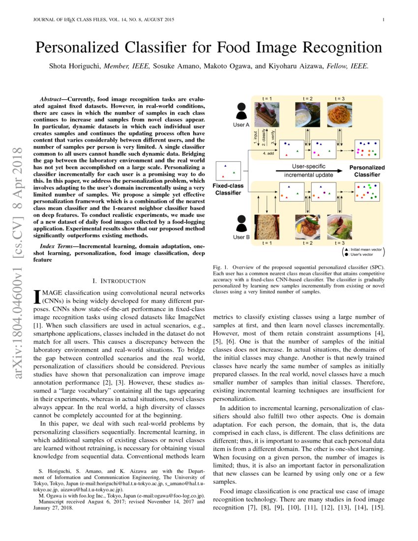 Personalized Classifier for Food Image Recognition | DeepAI