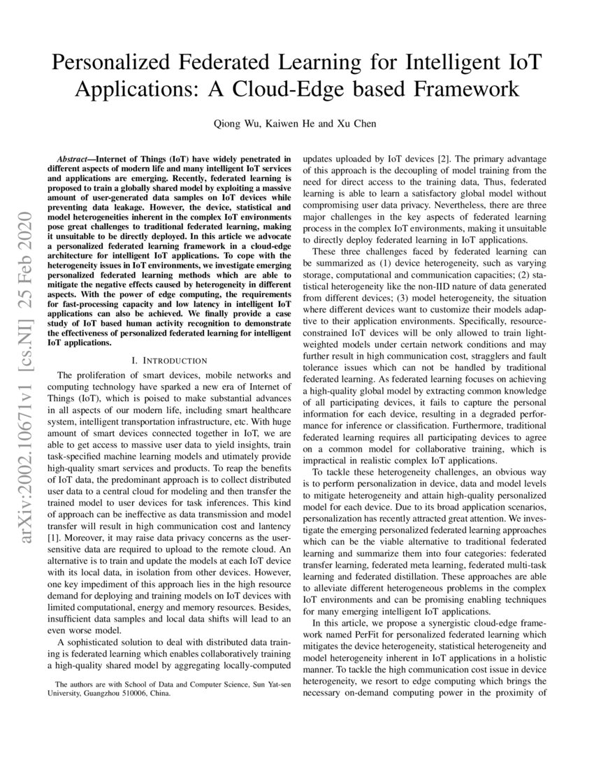 Personalized Federated Learning for Intelligent IoT Applications: A Cloud-Edge based Framework ...