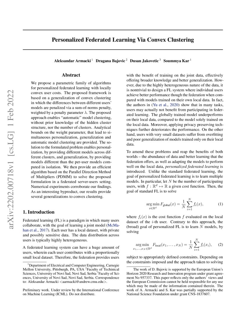 Personalized Federated Learning via Convex Clustering | DeepAI