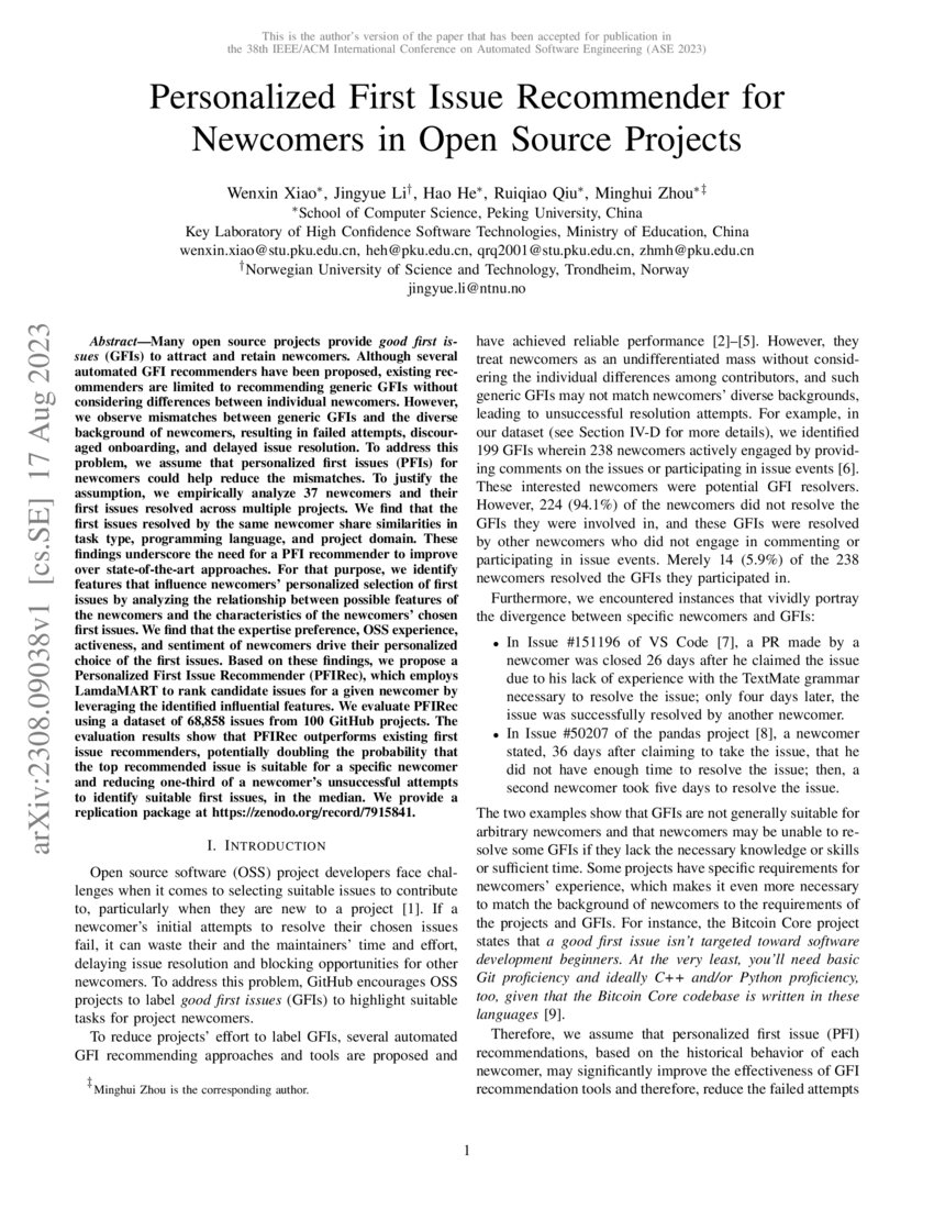 Personalized First Issue Recommender For Newcomers In Open Source