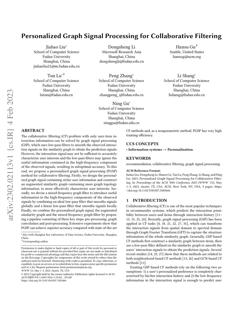 Personalized Graph Signal Processing For Collaborative Filtering Deepai 6711