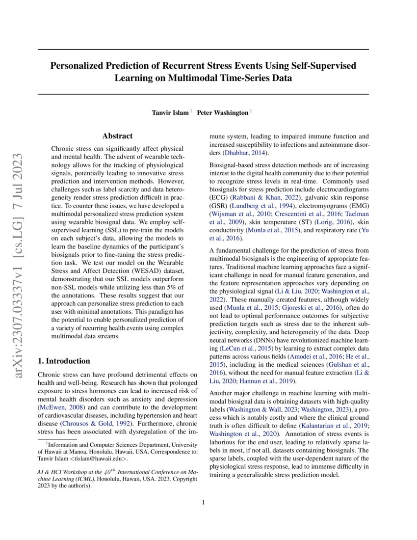 Personalized Prediction Of Recurrent Stress Events Using Self Supervised Learning On Multimodal