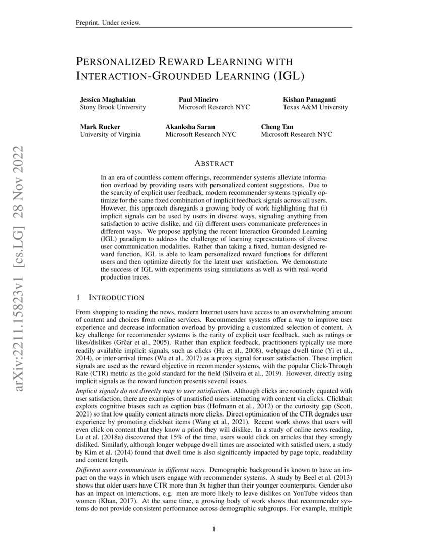 Personalized Reward Learning with Interaction-Grounded Learning (IGL) | DeepAI