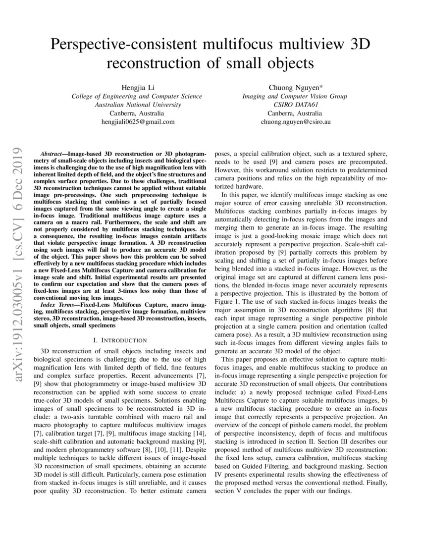 Perspective Consistent Multifocus Multiview 3d Reconstruction Of Small Objects Deepai