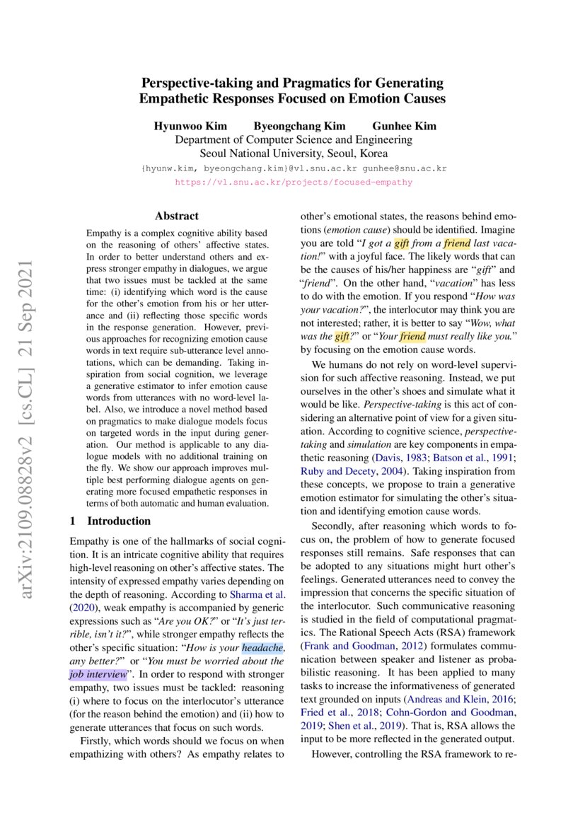 Perspective-taking and Pragmatics for Generating Empathetic Responses ...